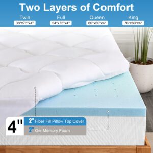 MUUEGM Dual Layer 4 Inch Memory Foam Mattress Topper Queen Size,2 Inch Gel Memory Foam Plus 2 Inch Cooling Pillow Top Cover with 8-21 Inch Deep Pocket,Mattress Pad for Back Pain,White