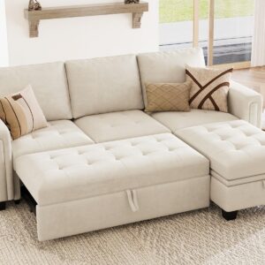 Belffin Secitonal Sleeper Sofa with Pull Out Couch Bed Modular Sectional Sofa with Storage Couch Velvet L Shaped Couch Sleeper Sofa Bed Beige