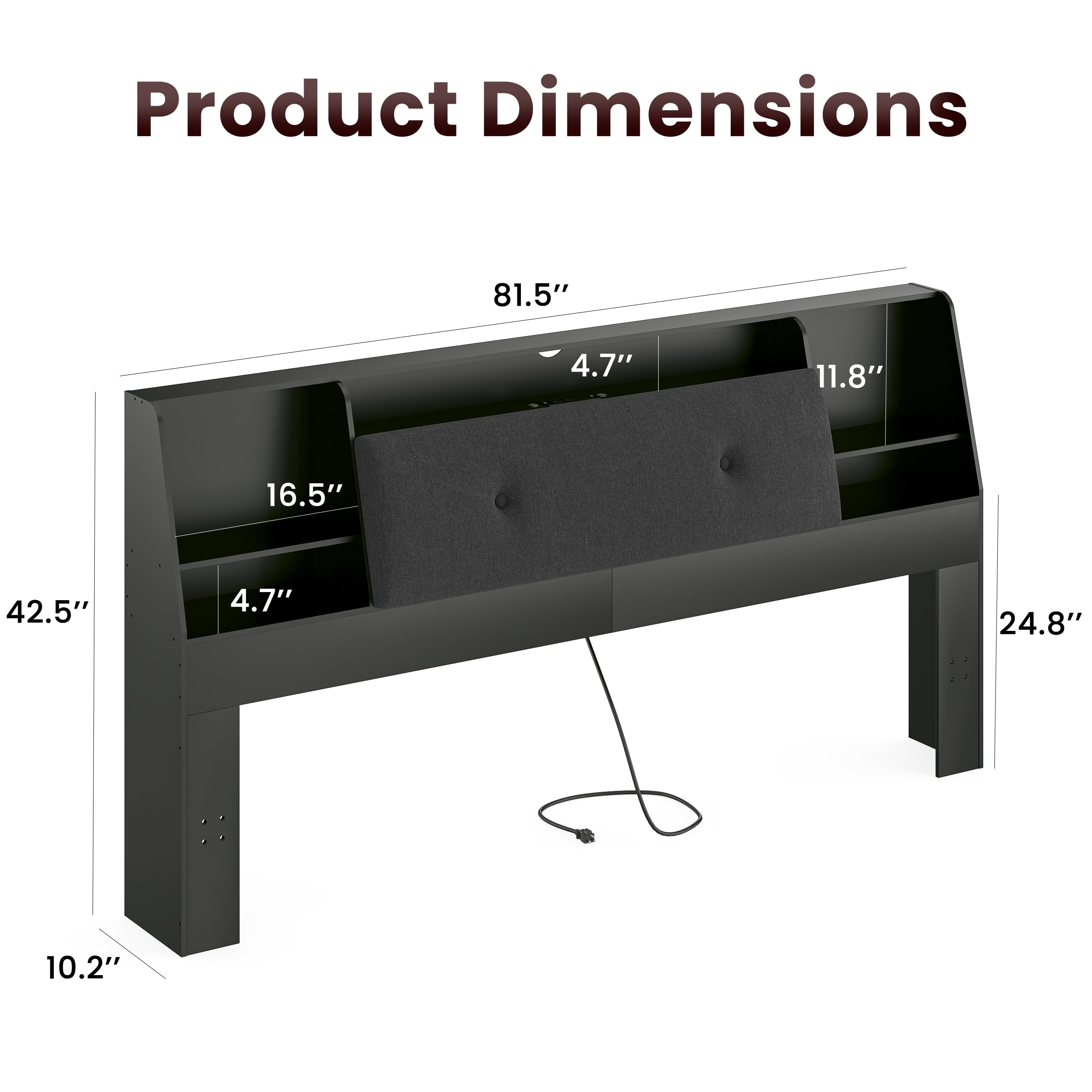 AYEASY Headboard Queen Size with Storage, Upholstered Wood Bookcase Headboard with Charging Station & 2 LED Lights (Black, King-Soft)