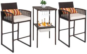 sundale outdoor 3 pieces wicker bar furniture set for 2, patio stools and bar set with glass holder & ice bucket, counter and 2 pub stools, high top bistro dining set, brown rattan and beige cushions