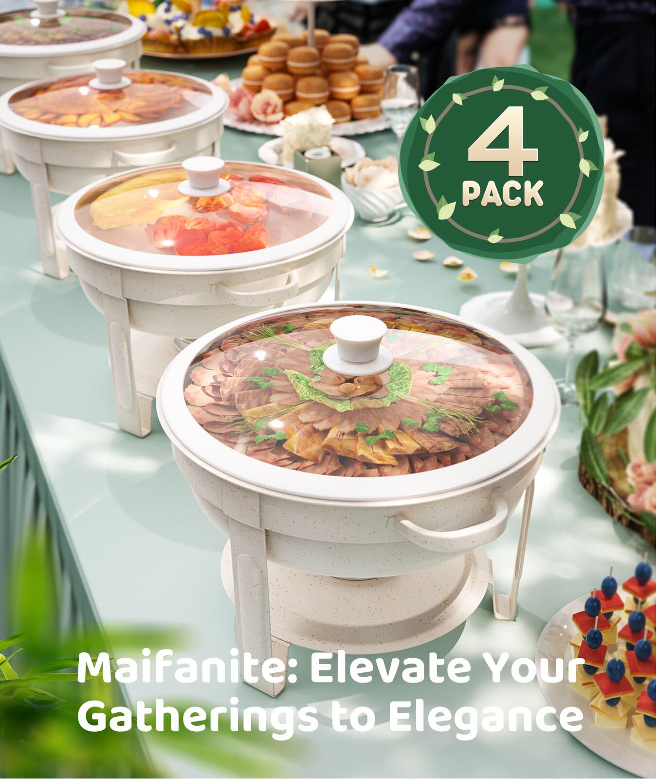 Chafing Dishes for Buffet 4PACK, [Game Changer Maifanite-Coated] Chafing Dish Buffet Set Offer The Elegance of Nature, 5QT Food Warmers for Parties Serve for Wedding, Birthday, Church Events, ETC