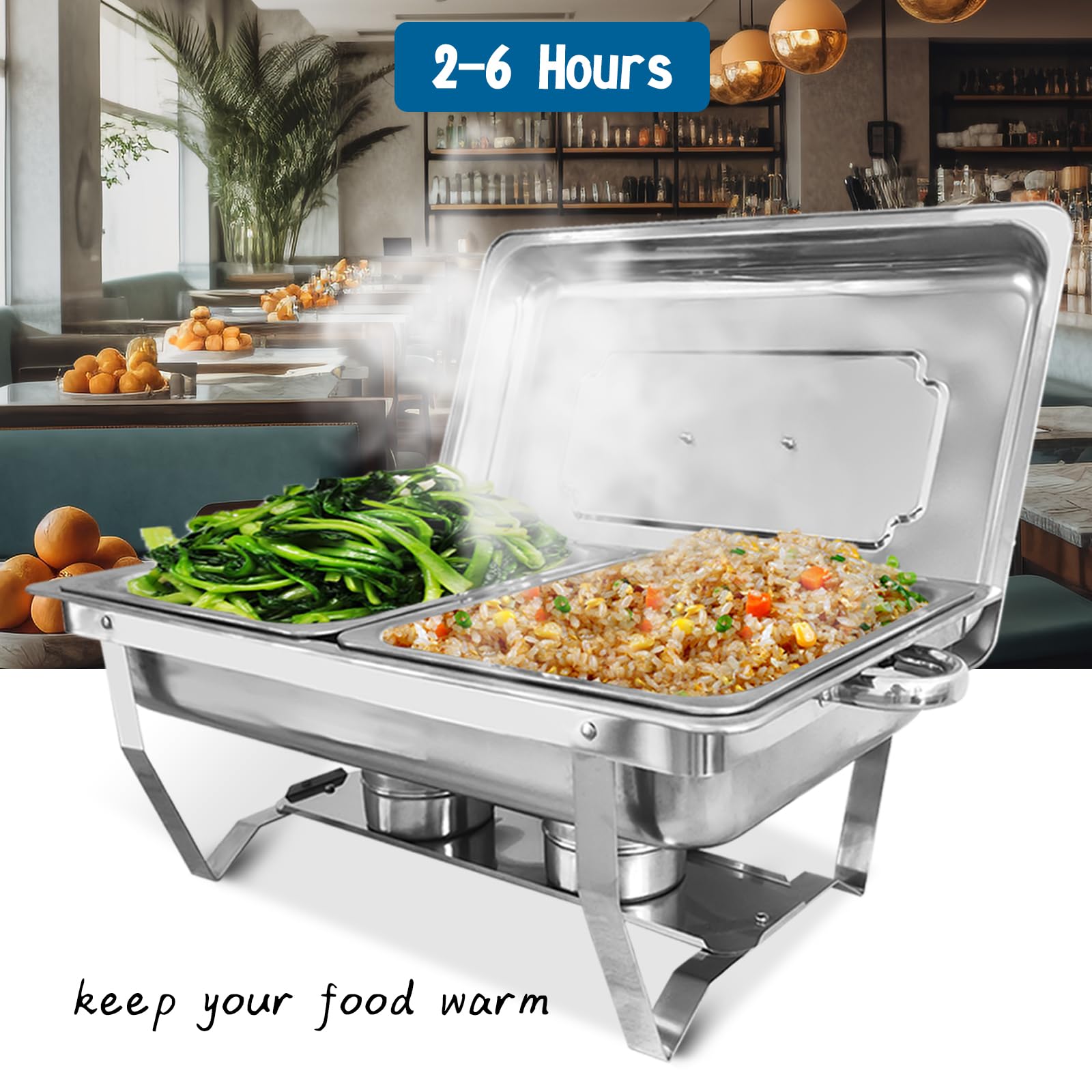 Jacgood Chafing Dish for Buffet, 4 Pack Stainless Steel Chafing Servers Food Warmer Set with 8QT Half Size Food Pan for Kitchen Party Banquet Dining