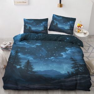 epzthxlyr starry night duvet cover full size, scenic mountain bedding set 3 pieces set, soft microfiber, with zipper and corner ties, natural landscape comforter cover 1 duvet cover + 2 pillow cases