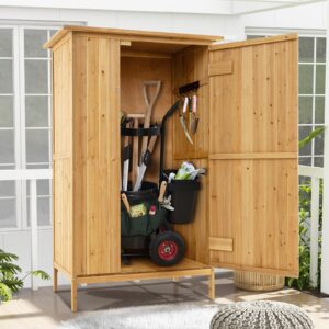 Goplus Outdoor Storage Cabinet, 5 × 3 FT Wooden Garden Shed with Asphalt Roof, 3 Shelves, Lockable Door, 5 Hanging Hooks, Outside Utility Tool Shed Organizer for Backyard, Patio, Deck, Natural