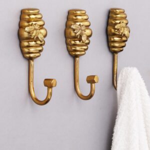 indian shelf 3 pieces decorative gold wall hooks vintage kids cute towel hooks bee hive coat hooks for hanging things, purse, bags, backpack