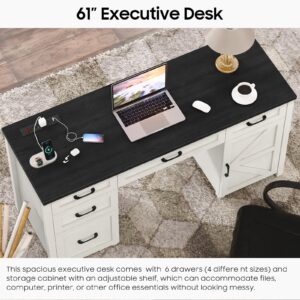 Farmhouse 61'' Executive Desk with 5 Drawers, Rustic Office Desk Computer Desk with Charging Station, File Drawers and Storage Cabinet, Wood Workstation for Home Office and Study, Black