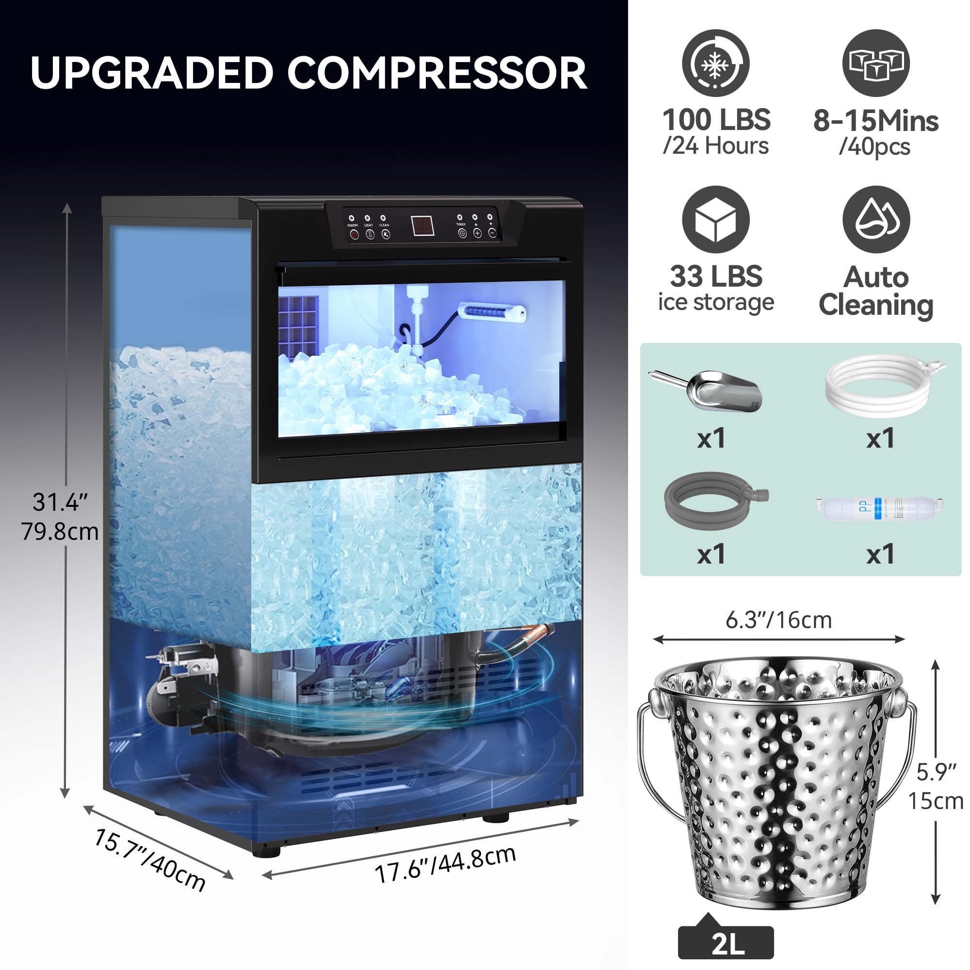 YITAHOME 2 Way Water Inlet Commercial Ice Maker Machine 100LBS/24H with 33LBS Storage Bin, Under Counter Ice Machine Freestanding Ice Maker with Stainless Steel Ice Scoop, Ice Bucket