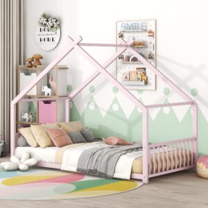 think 30 twin size house bed for kids, metal floor bed frame with fence, fun montessori playhouse bed for girls and boys, teens (pink, twin)