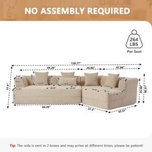 Aoowow 126" Modular Sectional Sofa Couch, Modern Minimalist Sofa Comfy Upholstered L Shaped Sofa with 5 Pillows, Boucle and Anti-Wrinkle Fabric, 3 Seater Couch for Living Room, Apartment, Camel