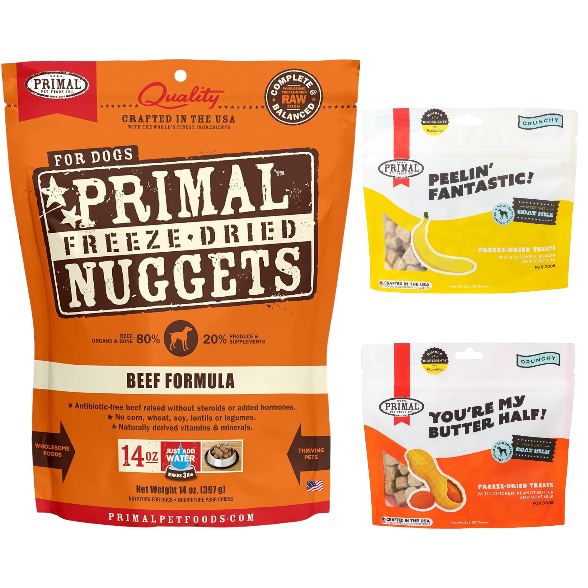 Primal Freeze Dried Dog Bundle, Beef Food Nuggets 14oz, Chicken & Peanut Butter Treats 2oz, Chicken & Banana Treats 2oz, Grain Free, High Protein, High Protein with Probiotics