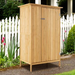 Goplus Outdoor Storage Cabinet, 5 × 3 FT Wooden Garden Shed with Asphalt Roof, 3 Shelves, Lockable Door, 5 Hanging Hooks, Outside Utility Tool Shed Organizer for Backyard, Patio, Deck, Natural