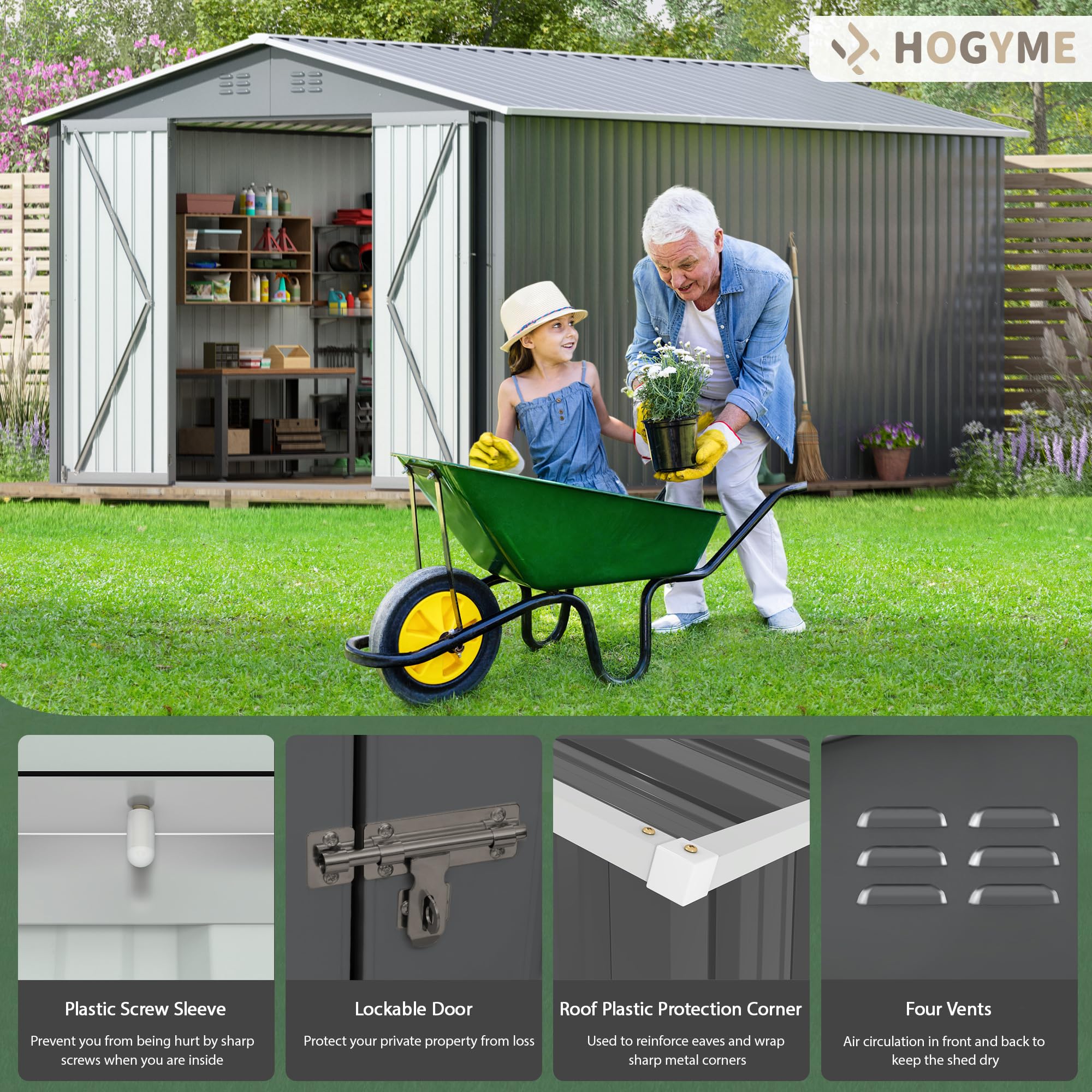 HOGYME 10x12 FT Outdoor Storage Shed, Large Metal Tool Sheds with Updated Frame Structure and Lockable Doors, Garden Shed for Backyard Garden Patio Lawn, Black