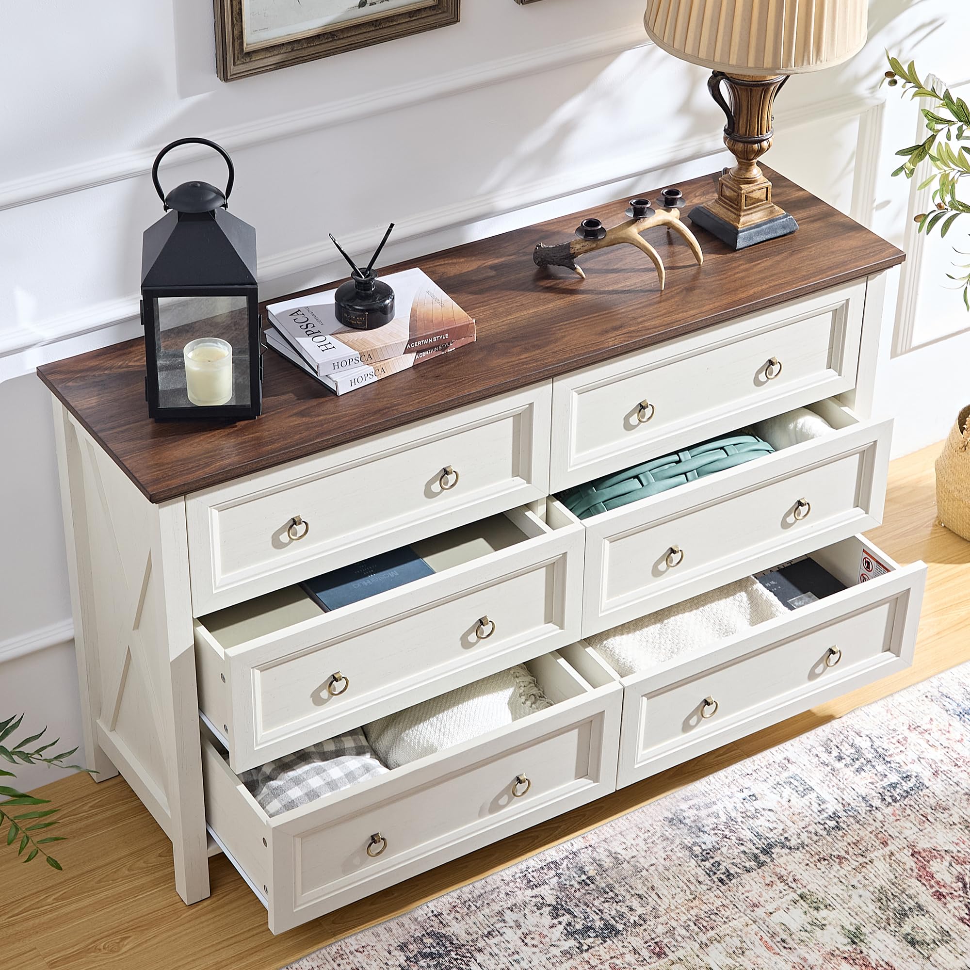 OKYCI Farmhouse 6 Drawer Dresser for Bedroom, Double Wood Chest of Drawers with 1.2" Thickened Top - 54" W x 31.5" H, Antique White