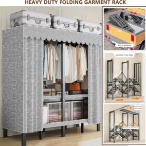 Heavy Duty Clothes Rack with Cover, 1200lbs, Foldable Portable Closets for Hanging Clothes,Clothing Rack Wardrobe Covered Garment Racks Freestanding Coat Storage Organizer System (243cm/95.6in)