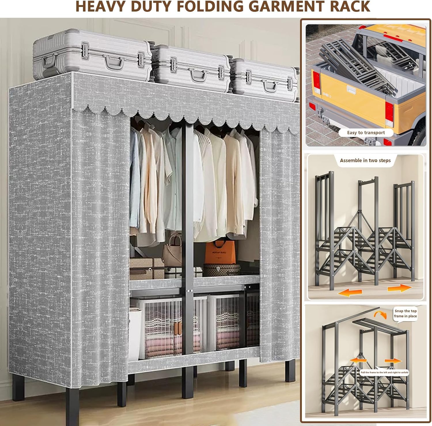 Heavy Duty Clothes Rack with Cover, 1200lbs, Foldable Portable Closets for Hanging Clothes,Clothing Rack Wardrobe Covered Garment Racks Freestanding Coat Storage Organizer System (243cm/95.6in)