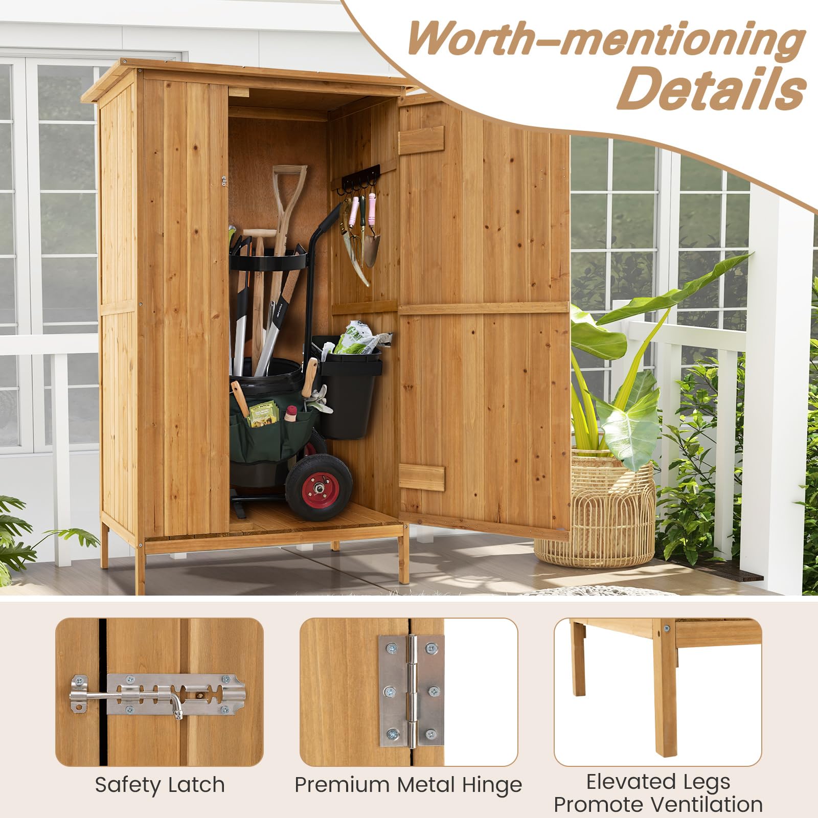 Goplus Outdoor Storage Cabinet, 5 × 3 FT Wooden Garden Shed with Asphalt Roof, 3 Shelves, Lockable Door, 5 Hanging Hooks, Outside Utility Tool Shed Organizer for Backyard, Patio, Deck, Natural