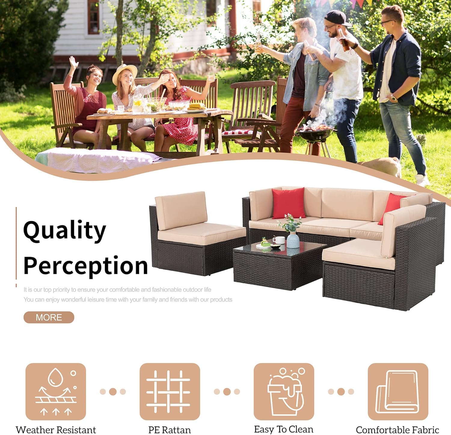 Shintenchi 6 Pieces Patio Furniture Sets Outdoor All-Weather Sectional Patio Sofa Set PE Rattan Manual Weaving Wicker Patio Conversation Set with Glass Table&Ottoman Cushion and Red Pillows, Neutral