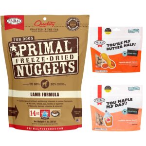 primal freeze dried dog bundle, lamb food nuggets 14oz, pork & maple treats 2oz, chicken & peanut butter treats 2oz, grain free, high protein, high protein with probiotics