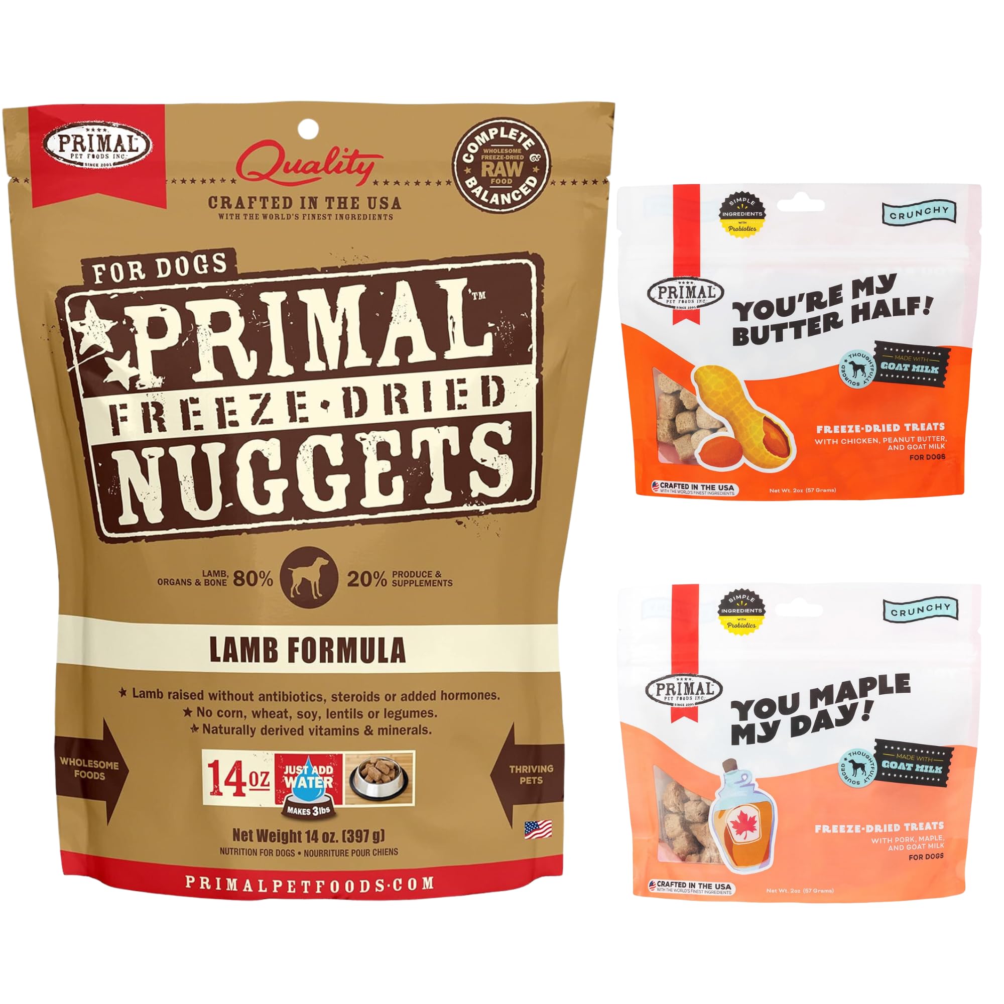 Primal Freeze Dried Dog Bundle, Lamb Food Nuggets 14oz, Pork & Maple Treats 2oz, Chicken & Peanut Butter Treats 2oz, Grain Free, High Protein, High Protein with Probiotics