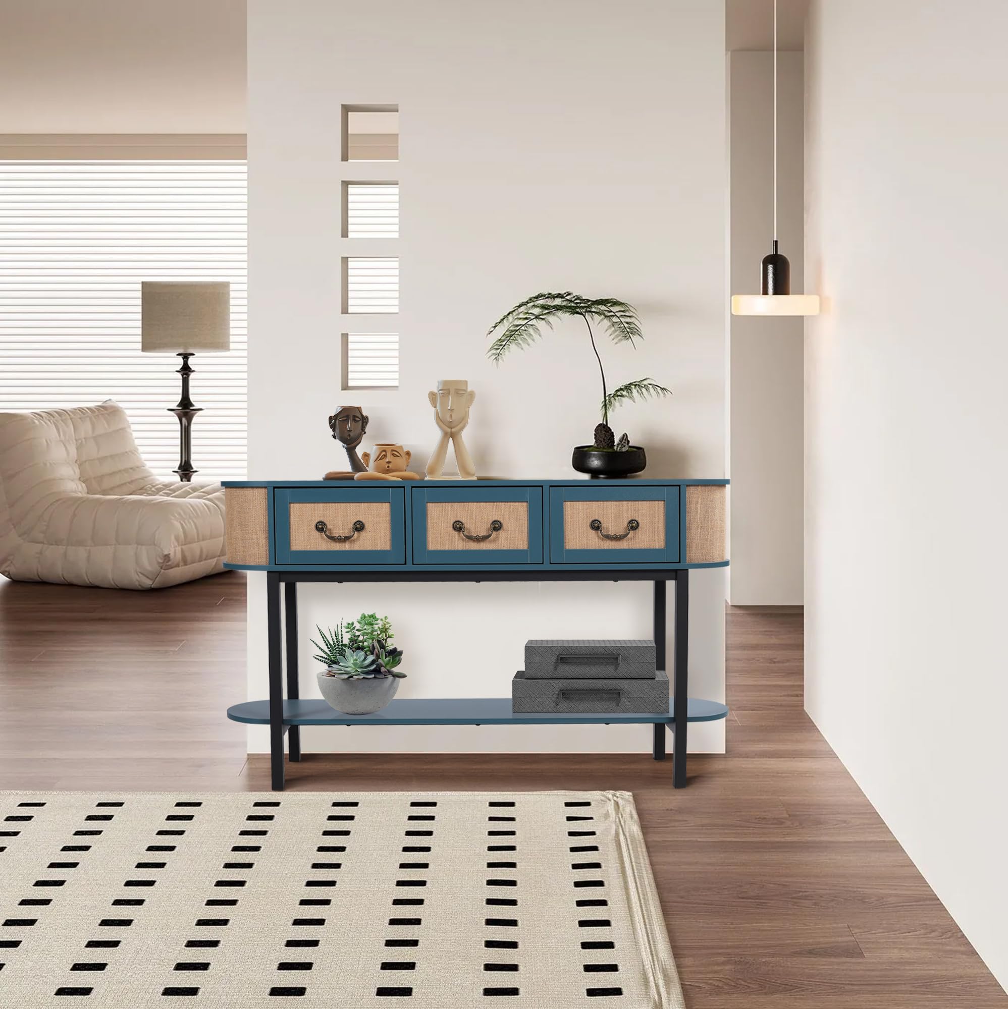 FurSch Rattan Entryway Table with Storage, Narrow Oval Console Table with Drawers,Blue 53.6" Long and Slim Couch Table Behind Sofa for Living Room Hallway Entrance Foyer