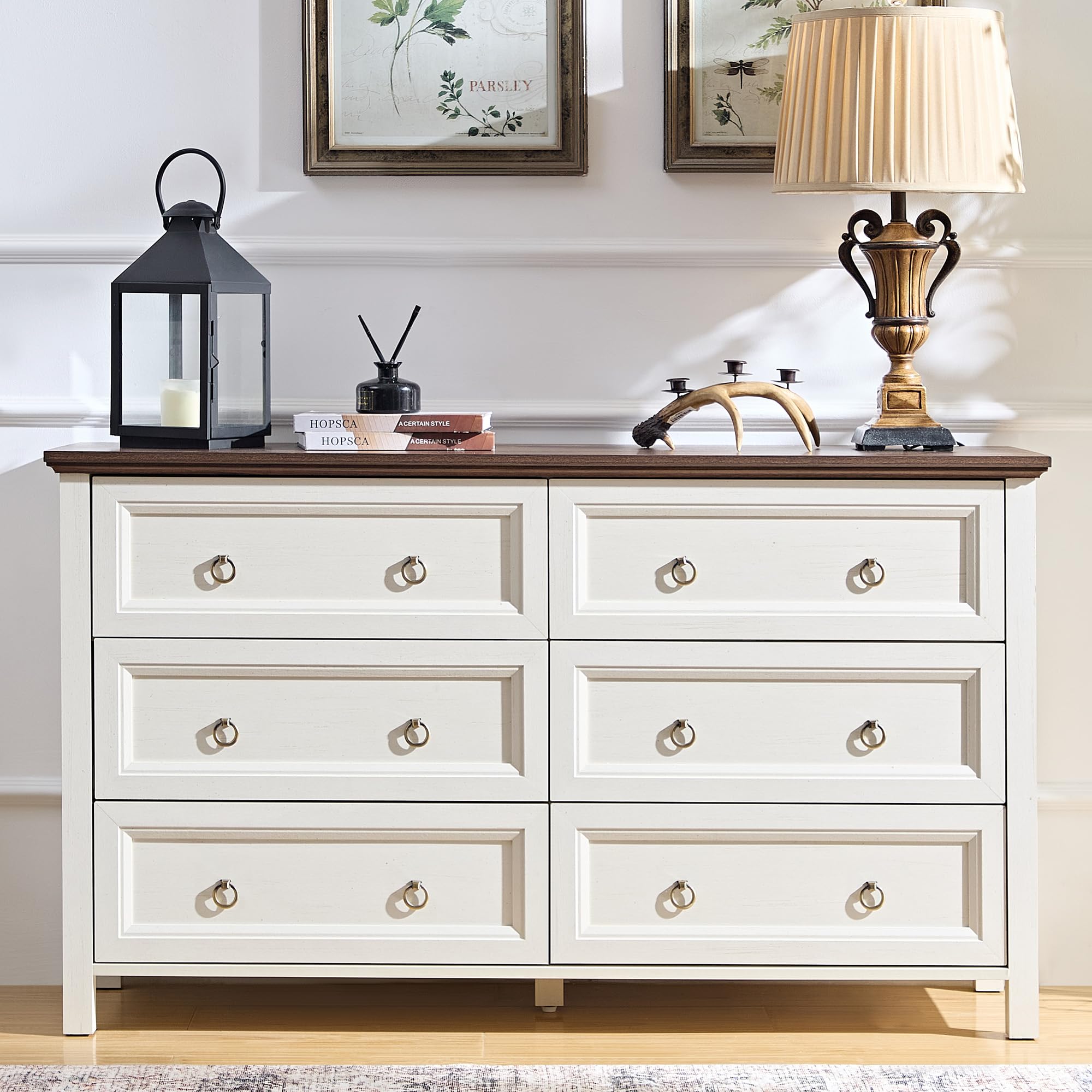 OKYCI Farmhouse 6 Drawer Dresser for Bedroom, Double Wood Chest of Drawers with 1.2" Thickened Top - 54" W x 31.5" H, Antique White