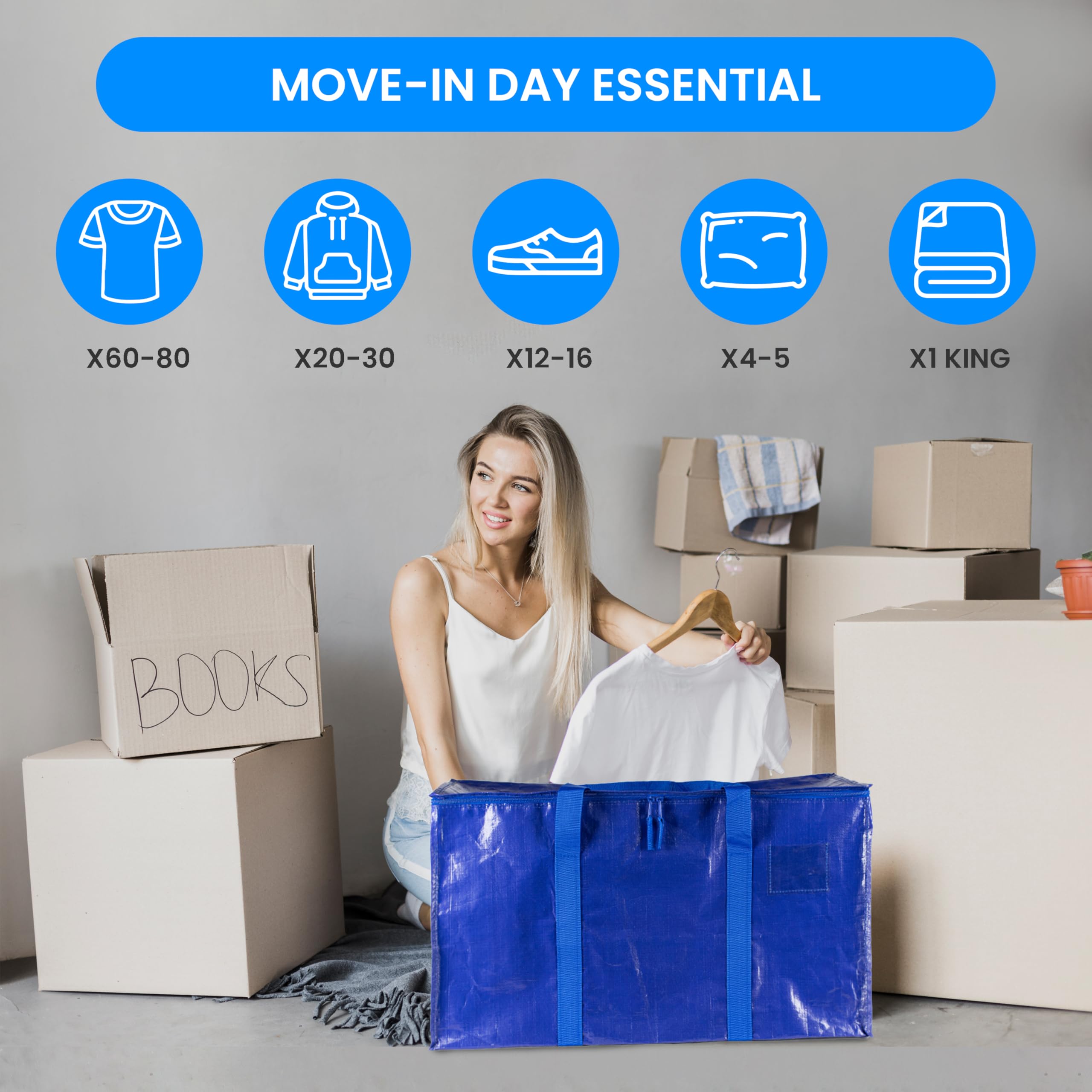 Simple Deluxe 10 Pack Moving Bags, Heavy Duty Storage Totes with Lids, Sturdy Handles& Zipper, Moving Boxes Alternative, Extra Large, for Clothes Packing, Moving Supplies, Blue