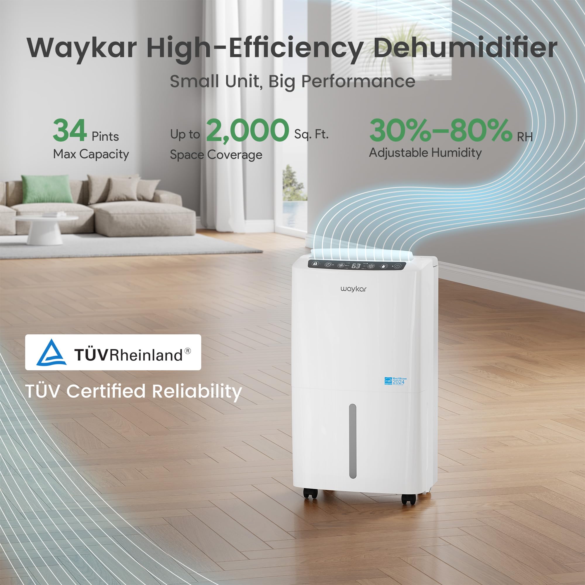 Waykar 2000 Sq. Ft Energy Star Dehumidifier for Home and Basement with Auto or Manual Drainage, Quiet 33dB Operation, 0.6 Gallon Water Tank Capacity