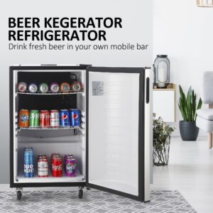 TROPOW Beer Kegerator, 128L Full Size Single Tap Stainless Steel Draft Keg Cooler Refrigerator with Shelves, Drip Tray & Rail, Silver