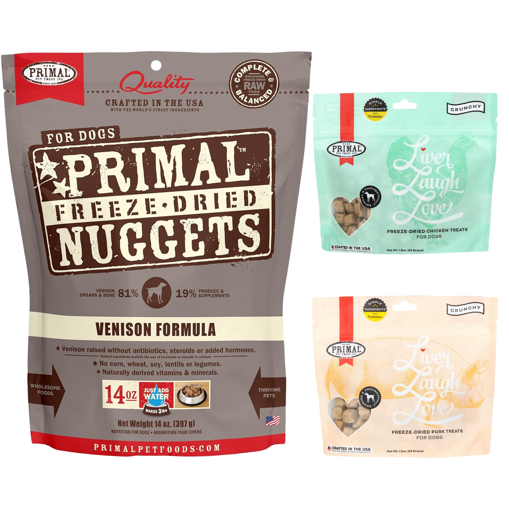 Primal Freeze Dried Dog Bundle, Venison Food Nuggets 14oz, Chicken Liver Treats 1.5oz, Pork Liver Treats 1.5oz, Grain Free, High Protein, High Protein with Probiotics