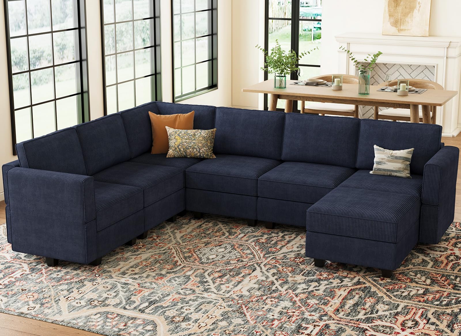 Belffin Modular Sectional Sofa with Storage Ottoman Seats, Corduroy Convertible Oversized Modular U-Shaped Sectional Couch for Living Room, Blue