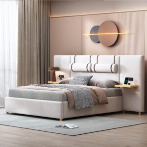 merax queen size upholstered platform bed, modern bedframe with two outlets and usb charging ports on both sides, two bedside pillows, storage shelves, beige