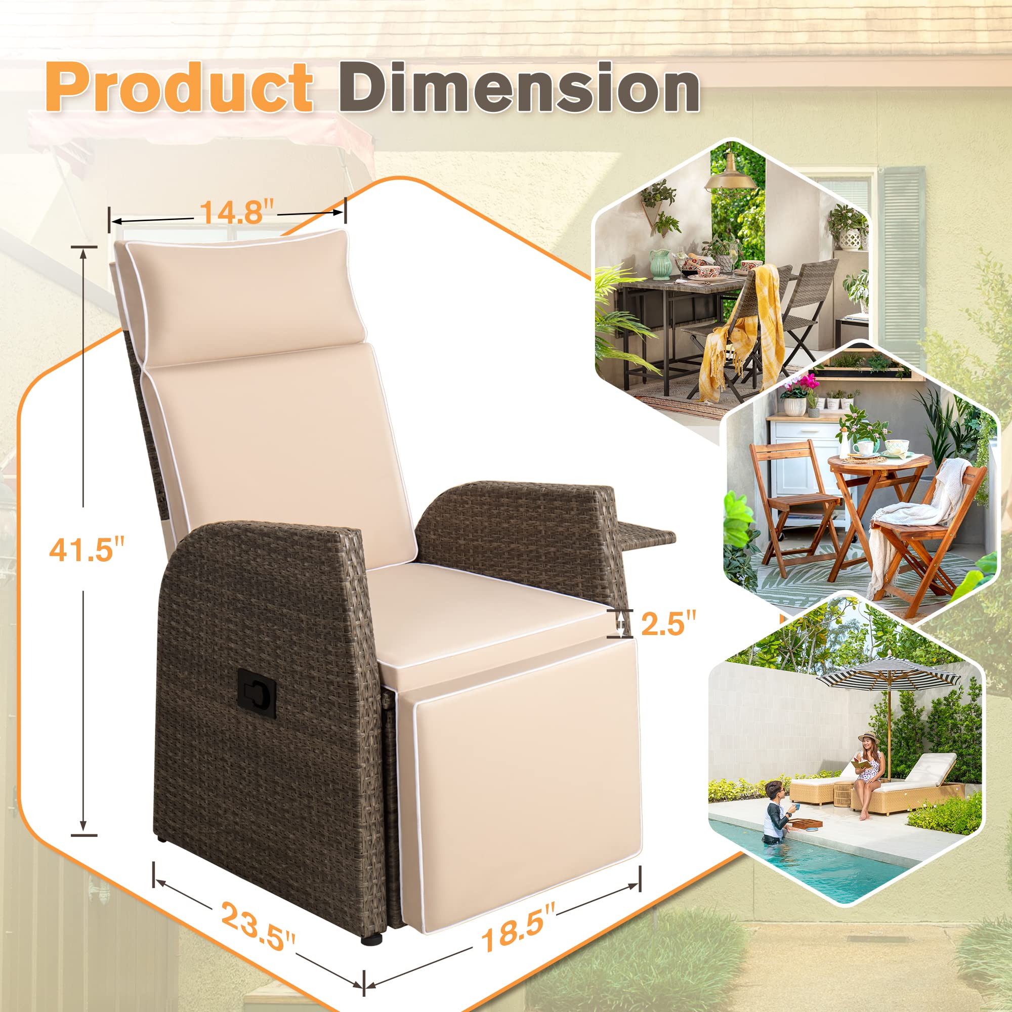 Devoko Outdoor Indoor Recliner Chair 1 Piece Adjustable PE Wicker Patio Reclining Lounge Chair Lawn Furniture for Backyard, Lawn