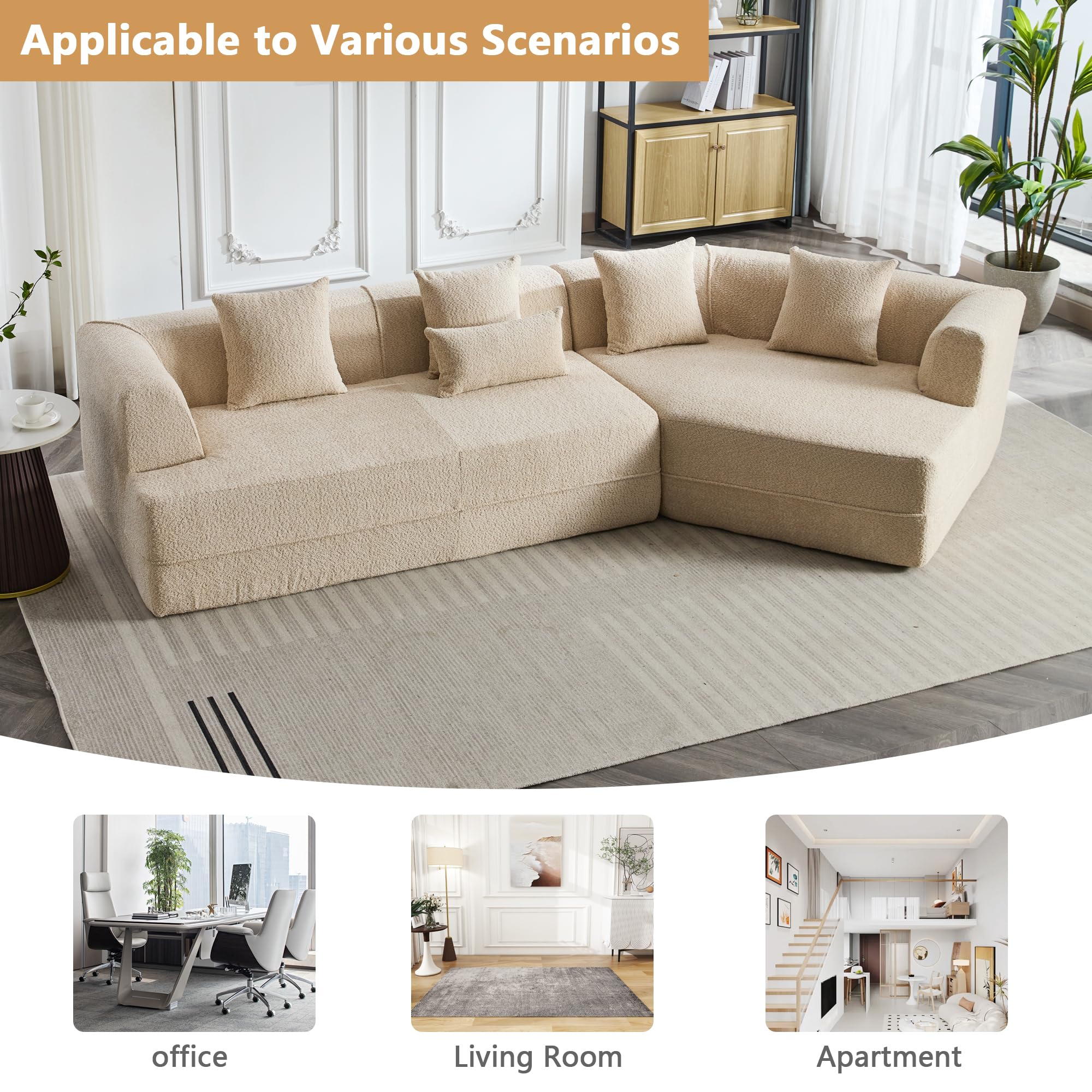 Aoowow 126" Modular Sectional Sofa Couch, Modern Minimalist Sofa Comfy Upholstered L Shaped Sofa with 5 Pillows, Boucle and Anti-Wrinkle Fabric, 3 Seater Couch for Living Room, Apartment, Camel