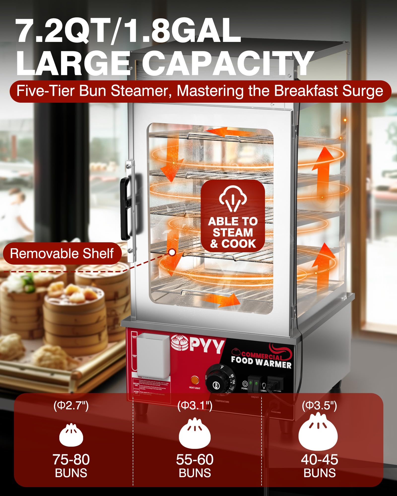 PYY Bun Steamer Electric Food Display - Upgrade Automatic Temperature Control 5 Layers Display Stainless Steel Commercial Bun Steamer For Kiosk, 1200W/110V