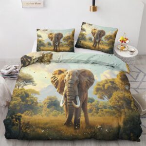 epzthxlyr elephant duvet cover full size, grassland animal bedding set 3 pieces set, soft microfiber, with zipper and corner ties, wild animal comforter cover 1 duvet cover + 2 pillow cases