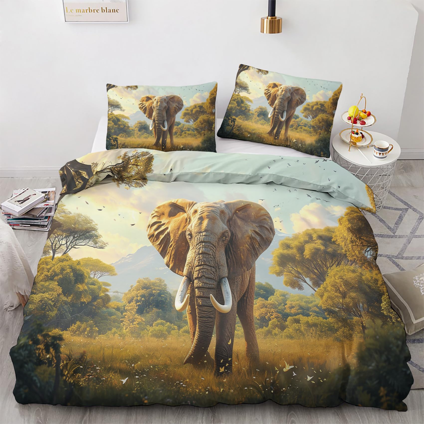 Epzthxlyr Elephant Duvet Cover Full Size, Grassland Animal Bedding Set 3 Pieces Set, Soft Microfiber, with Zipper and Corner Ties, Wild Animal Comforter Cover 1 Duvet Cover + 2 Pillow Cases