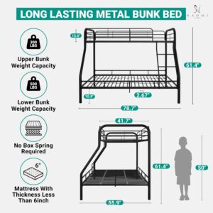 Hollywood Bunk Beds Twin Over Full Size, Heavy Duty Metal Bunk Bed with Safety Guardrails, Angled Ladder, Underbed Storage, 800LBs capacity - for Kids and Teens, Twin over Full Bunk Bed, Black