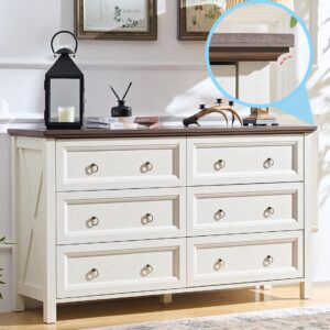 okyci farmhouse 6 drawer dresser for bedroom, double wood chest of drawers with 1.2" thickened top - 54" w x 31.5" h, antique white