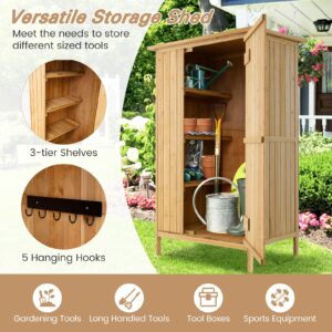 Goplus Outdoor Storage Cabinet, 5 × 3 FT Wooden Garden Shed with Asphalt Roof, 3 Shelves, Lockable Door, 5 Hanging Hooks, Outside Utility Tool Shed Organizer for Backyard, Patio, Deck, Natural