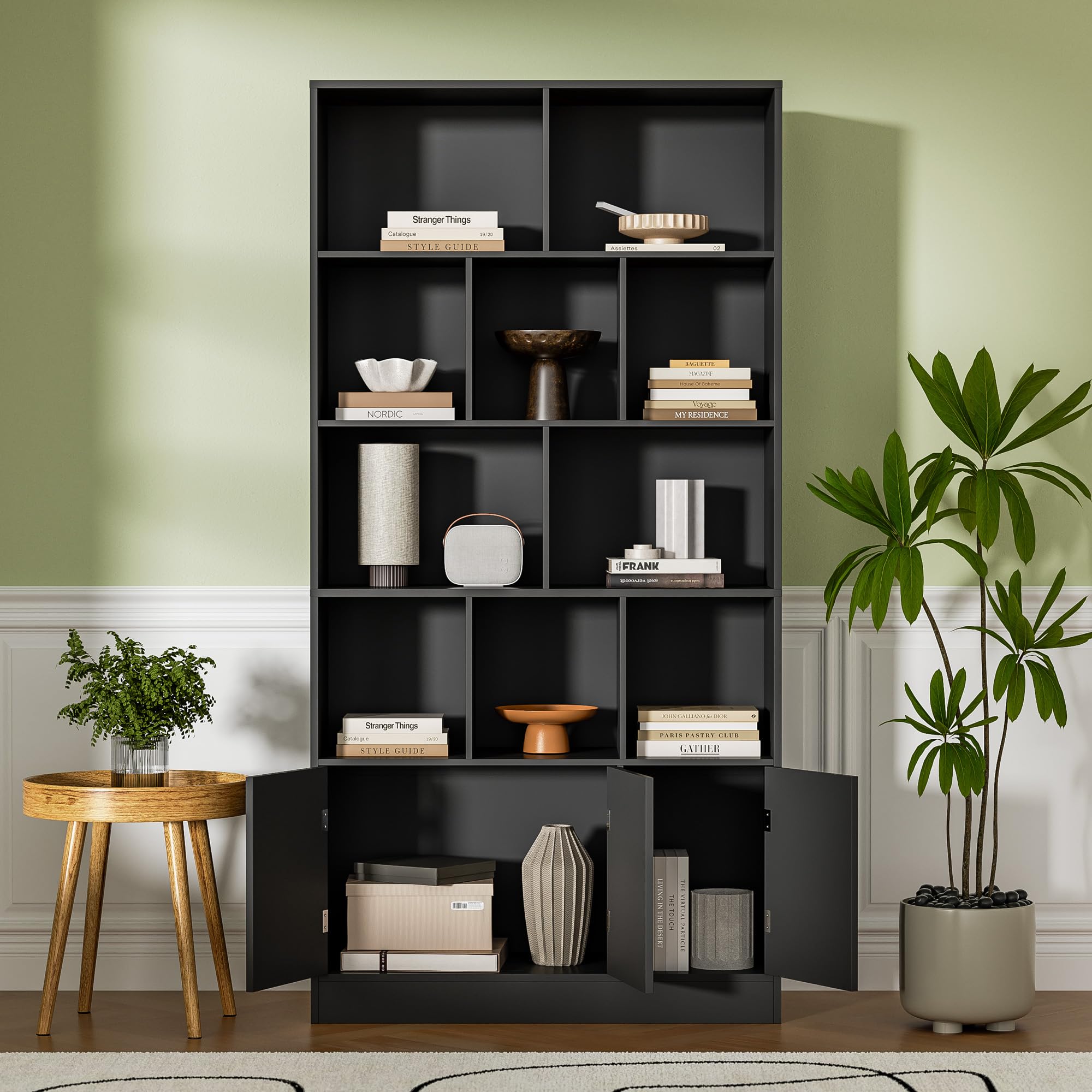 Housoul 71" Tall Bookshelf with 10 Cubes and 3 Doors, 4-Tier Bookshelf, Open Shelf Bookcase with Cabinet, Modern Cube Storage Organizer for Living Room, and Office, Black