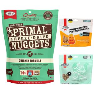 primal freeze dried dog bundle, chicken food nuggets 14oz, chicken & pumpkin treats 2oz, chicken liver treats 1.5oz, grain free, high protein with probiotics