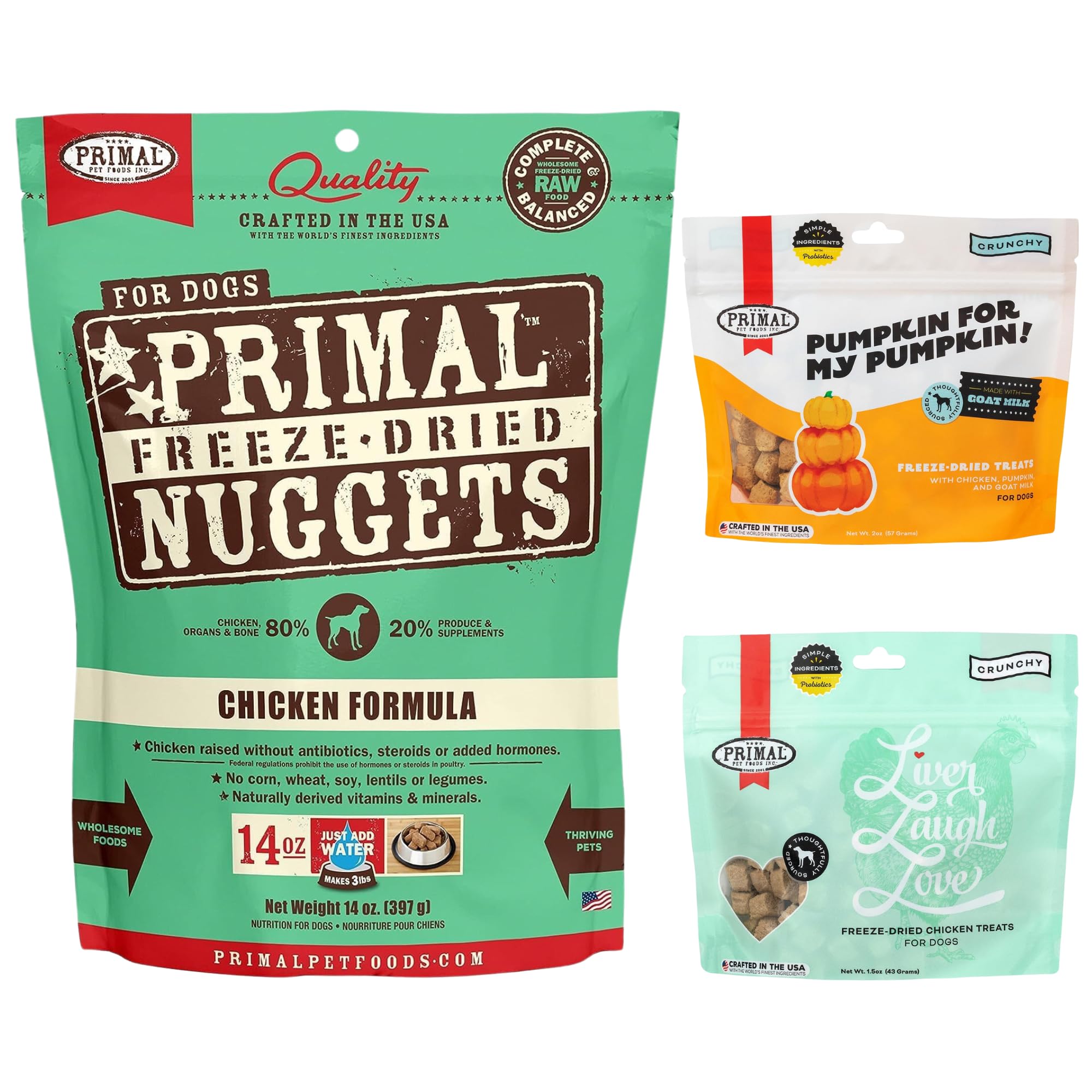 Primal Freeze Dried Dog Bundle, Chicken Food Nuggets 14oz, Chicken & Pumpkin Treats 2oz, Chicken Liver Treats 1.5oz, Grain Free, High Protein with Probiotics