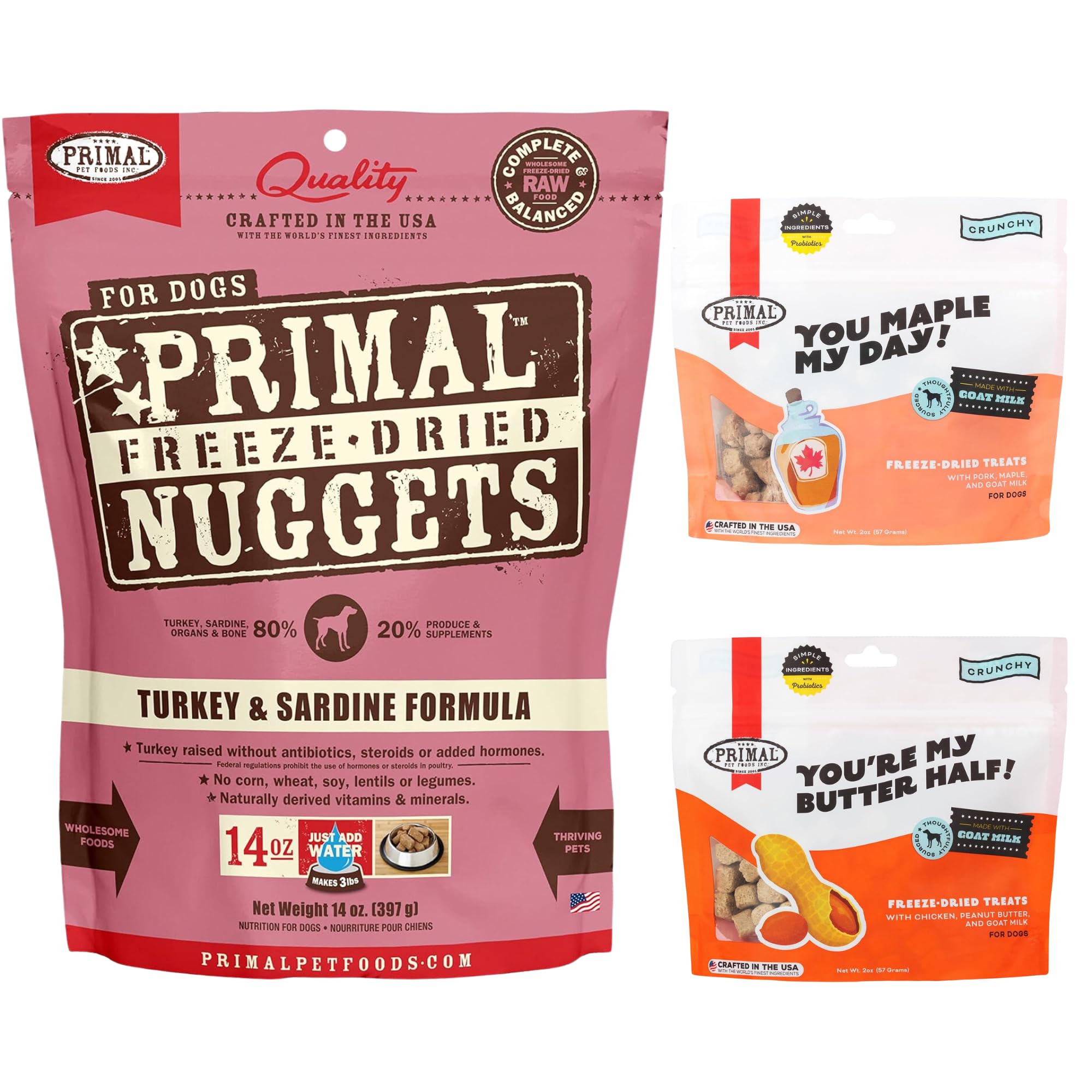 Primal Freeze Dried Dog Bundle, Turkey & Sardine Food Nuggets 14oz, Pork & Maple Treats 2oz, Chicken & Peanut Butter Treats 2oz, Grain Free, High Protein, High Protein with Probiotics