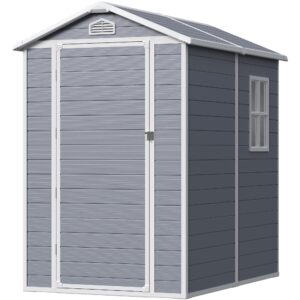 greesum 6x4ft resin outdoor storage shed, all weather tool room with floor, perfect for storing lawn mowers, garden tools, patio furniture, bicycles, grey