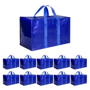 simple deluxe 10 pack moving bags, heavy duty storage totes with lids, sturdy handles& zipper, moving boxes alternative, extra large, for clothes packing, moving supplies, blue