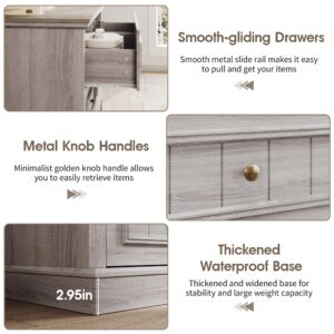 Vabches Dresser for Bedroom, 6 Drawer Wide Dresser Organizers Wood Storage Dresser for Closet, Farmhouse Double Chest of Drawer TV Stand with Gold Handles for Living Room, Hallway, Light Rustic Oak