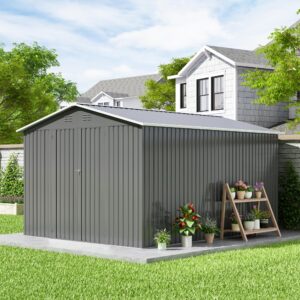 hogyme 10x12 ft outdoor storage shed, large metal tool sheds with updated frame structure and lockable doors, garden shed for backyard garden patio lawn, black