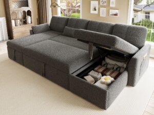 yitahome 105" oversized sleeper sofa, 2 in 1 convertible sofa bed with pull out couch bed and dual storage chaise, u-shape sectional sofa for living room, teddy fleece, grey