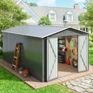 HOGYME 10x12 FT Outdoor Storage Shed, Large Metal Tool Sheds with Updated Frame Structure and Lockable Doors, Garden Shed for Backyard Garden Patio Lawn, Black