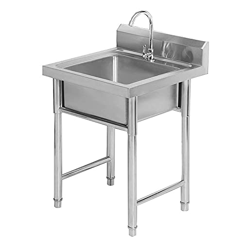 Thicken Independent 201 Utility Stainless Sink Portable Commercial Stainless Steel Sinks with Faucet Suitable for Outdoor Indoor Garage Kitchen Laundry Room (60 X 60 X 80cm)